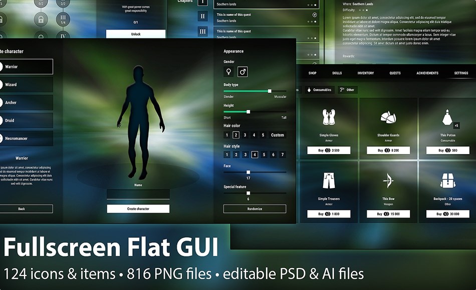 【UE5】扁平化游戏界面 Fullscreen Flat GUI / UI Kit – transparent, rpg pack-爱素材